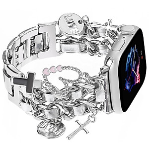 REALSIGN Stylish Metal Wristband Compatible with Apple Watch 38mm, 40mm, 41mm, Series 9, 8, 7, 6, 5, 4, 3, 2, 1, Silver Leather