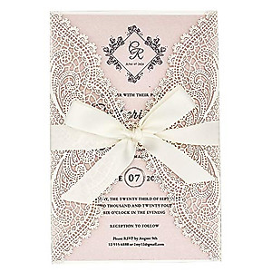 Picky Bride 25-Pack White Lace Laser Cut Wedding Invitations with Blush Pink Shimmer Insert, Elegant Invite Cards for Wedding/Sweet Sixteen/Baby Shower/Bridal Shower/Birthday Party