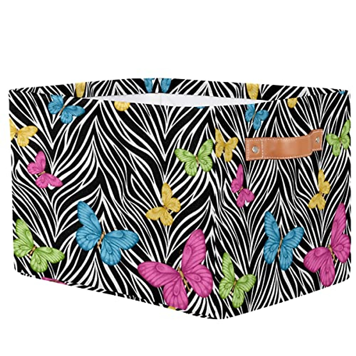 Large Collapsible Storage Bins ,Butterfly Zebra Pattern Decorative Canvas Fabric Storage Boxes Organizer with Handles，Rectangular Baskets Bin for Home Shelves Closet Nursery Gifts
