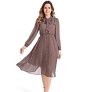 HAOKEKE Women Print Dress Long Sleeves Chiffon Dress Retro Pleated Buttons Down Bow Tie Fairy Lady Dress Brown Grid US 10