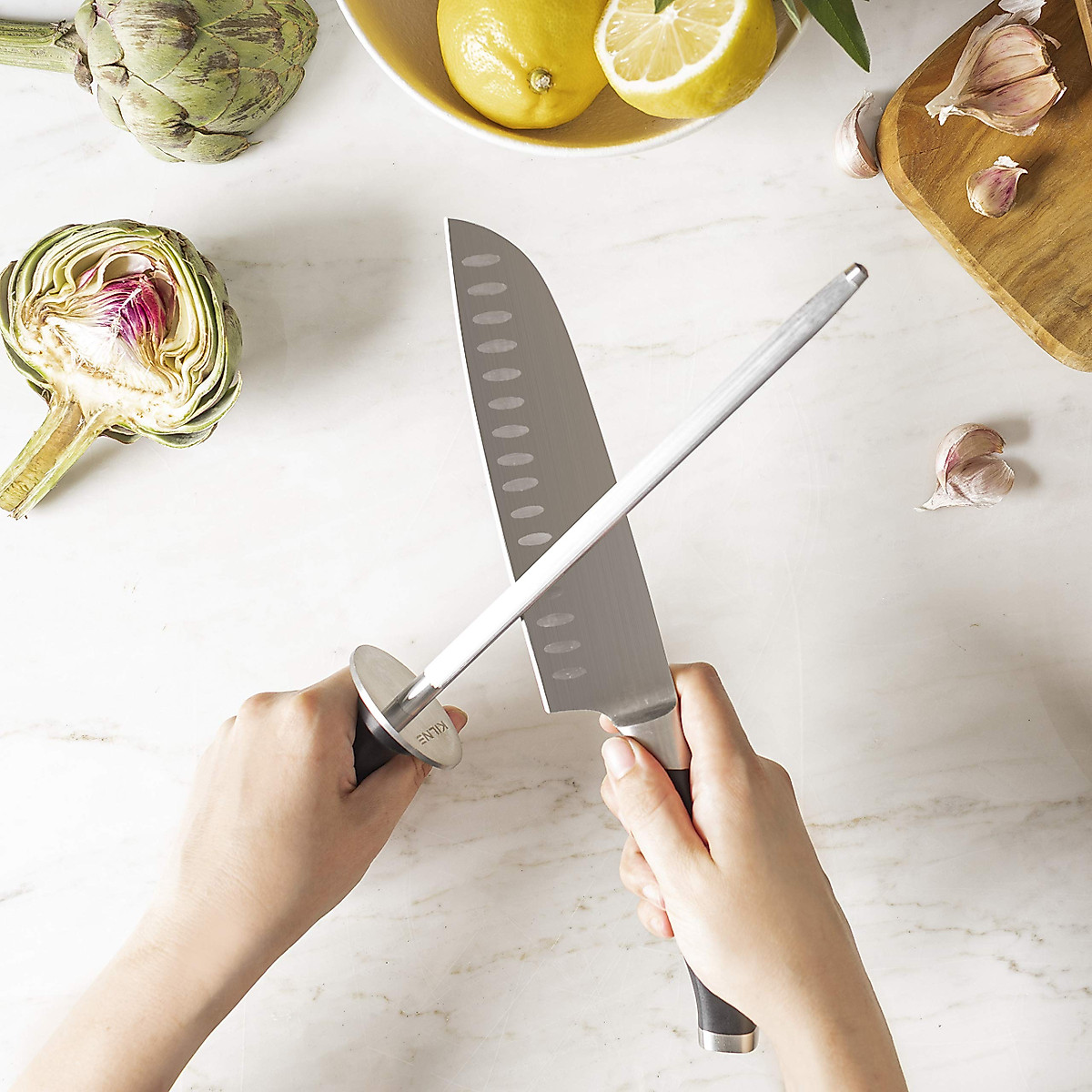 Kilne Knife Set, 6-Piece Kitchen Knife Set With Wood Block, High Grade German Steel with Acacia Wood Block, Black