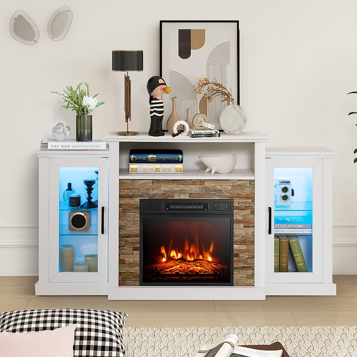 Tangkula Electric Fireplace TV Stand, Electric Fireplace Mantel with 16-Color Led Lights, Adjustable Glass Shelves, Remote & Smart APP Control, TV Console for Living Room (White)