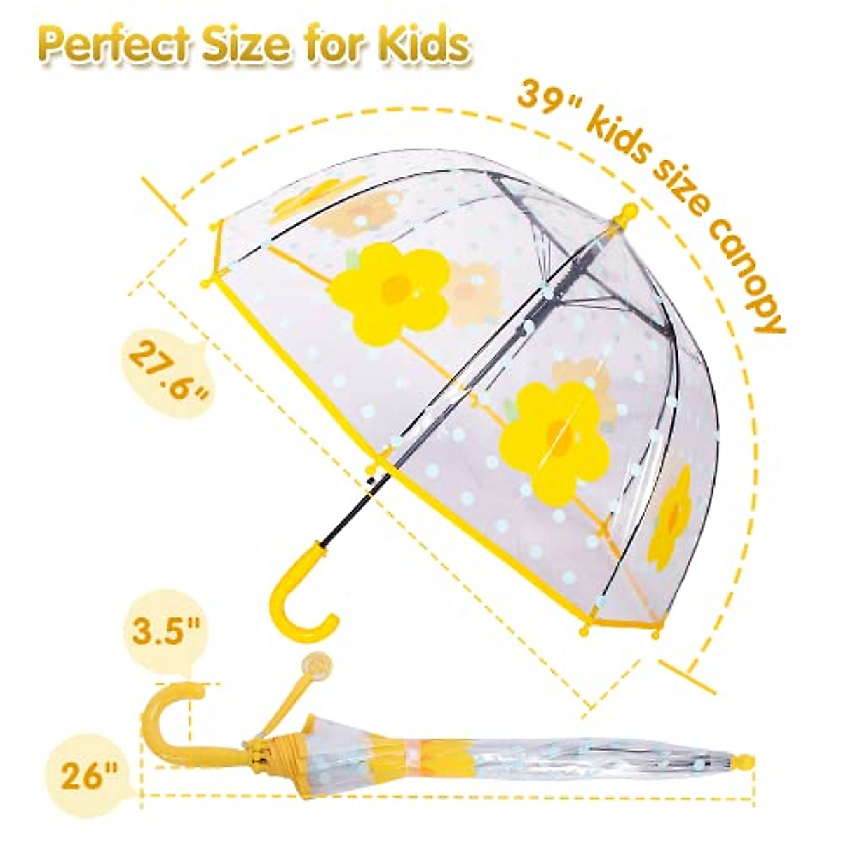 LLanxiry Umbrella Kids Clear Bubble Auto Open Umbrellas for Rain Children's Safe Transparent Dome Waterproof Stick Lightweight Umbrella for Boys Girls (Flower-Yellow)