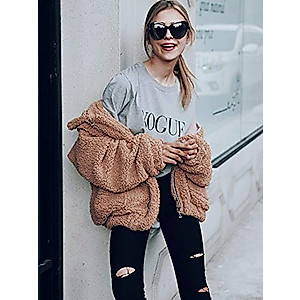 PRETTYGARDEN Women's 2023 Fashion Winter Coat Long Sleeve Lapel Zip Up Faux Shearling Shaggy Oversized Shacket Jacket (Khaki,Small)