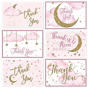 Whaline 36 Pack Pink Baby Shower Thank You Cards with Envelopes Matching Seal Stickers Glitter Starry Twinkle Moon Blank Note Cards for Birthday Supplies