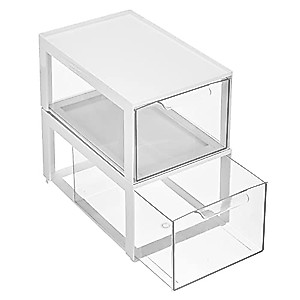 mDesign Plastic Stackable Cosmetic Storage Organizer Bin with Pull Out Drawer for Cabinet, Vanity, Shelf, Cupboard, or Cabinet Organization - Lumiere Collection - 2 Pack - White/Clear