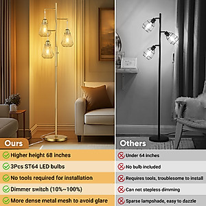 QiMH Industrial Floor Lamp for Living Room,LED Farmhouse Standing Lamp with 3 Birdcage Hanging Shade, Dimmable Tall Lamp Rustic Home Decor for Bedroom Office, Black (Bulbs Included)