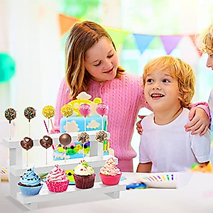 2 Pack Wood Cake Pop Stands Sucker Display 3 Tier Lollipop Holders with 100 Treats Bags 100 Lollipop Sticks 100 Gold Twist Ties for Dessert Table of Wedding Baby Shower Birthday Party (Wood)