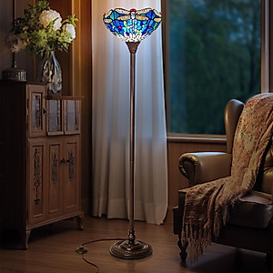 Capulina Sea Blue Tiffany Torchiere Floor Lamp Industrial Dark Bronze Pole Dragonfly Style Stained Glass Standing Light for Living Room Bedroom