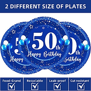 100 Pieces 50th Birthday Party Plates Napkins Blue and Silver Birthday Tableware Blue and Silver 50th Happy Birthday Dinnerware Dinner Dessert Plates Napkins for Blue Birthday Party Supplies Serve 25