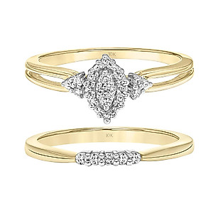 Brilliant Expressions 10K Yellow and White Gold 1/8 Cttw Conflict Free Diamond Marquise Halo Cluster Grooved Band Bridal Set (I-J Color, I2-I3 Clarity), Size 7