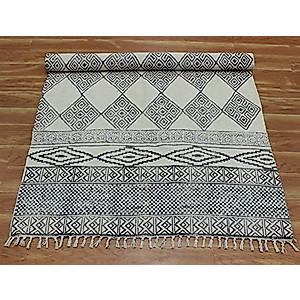 Casavani Hand Block Printed Rug Moroccan Beige & Black Tassel Rug Boho Area Rug Easy Care Washable Rugs for Doormat Entryway Living Room Bedroom Hallway Balcony 5x5 Feet Square