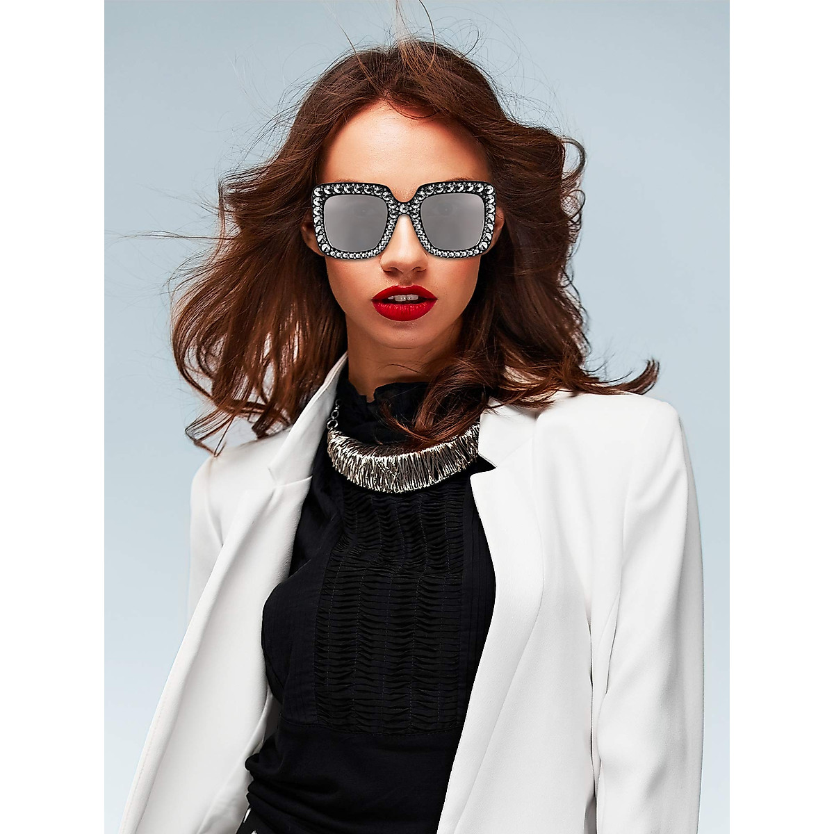 Frienda 6 Pairs Crystal Oversized Square Sunglasses Diamond Glitter Sunglasses Retro Thick Frame Sunglasses(Black, Tawny, Purple, Watermelon Red, Yellow, Silver)