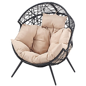 Godappe Egg Chair - Oversized Wicker Egg Basket Chair with Cushion and Stand, All-Weather Egg Dining Chair for Patio, Backyard, Living Room, Porch - Beige