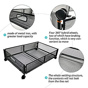 Under Bed Storage With Wheels Under bed Storage Containers Removable Large Wrought Metal Foldable Space-saving Under Bed Shoe Storage Organizer Drawer on Wheels for Clothes Movable(2 pieces, Black)