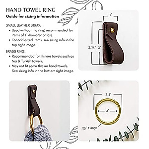 Bathroom Fixture Kit includes leather & wood Toilet Paper Roll Holder, Bath Towel Rail, leather & brass hanging Hand Towel Ring hook with gold hardware, straps are wall mounted, accessories rack