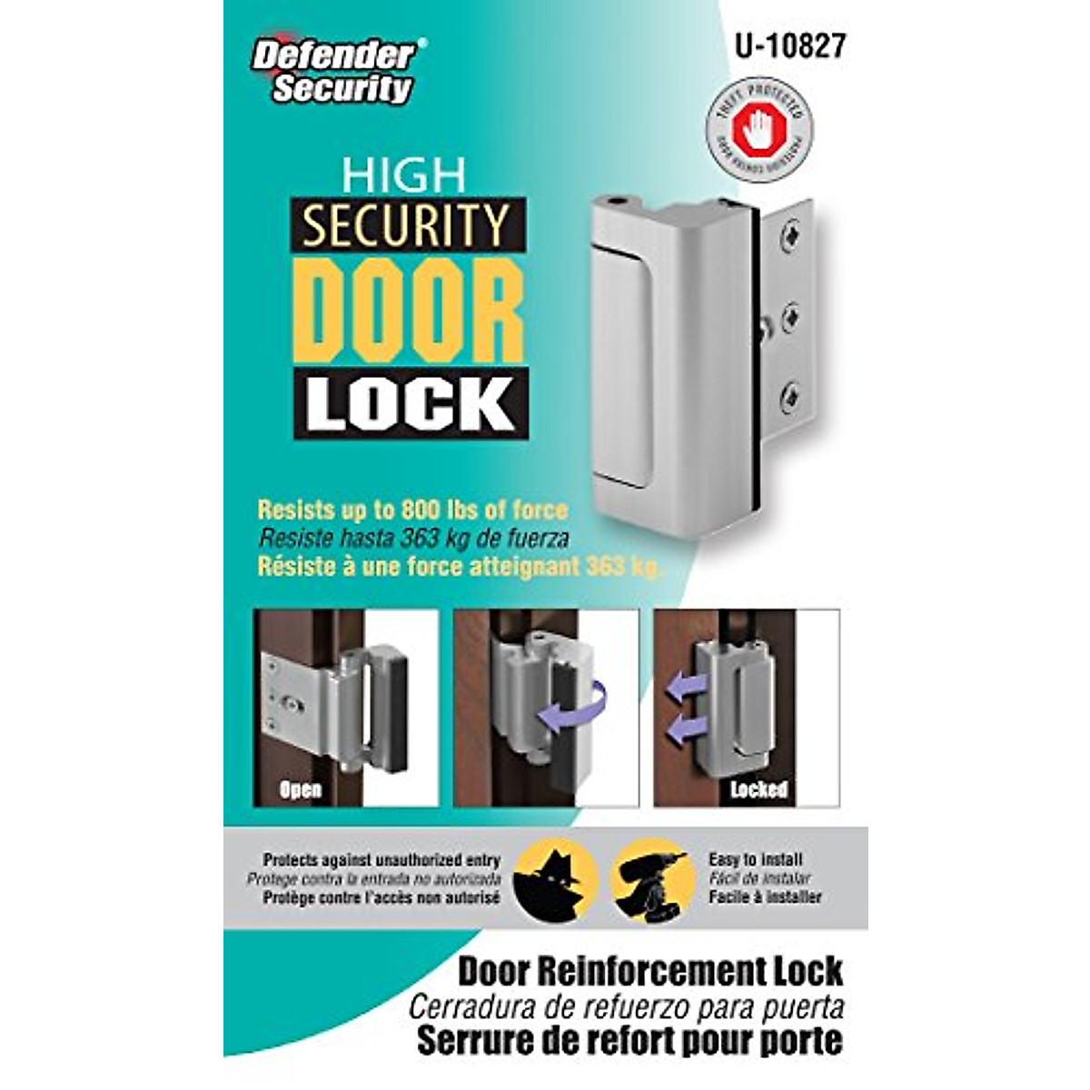 Defender Security U 10827 Door Reinforcement Lock – Add Extra, High Security to your Home and Prevent Unauthorized Entry – 3 In. Stop, Aluminum Construction, Satin Nickel (Single Pack)