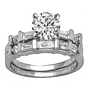 14K White Gold 1.75 Carat LAB GROWN DIAMOND Channel Set Baguette And Round Cut Diamond Engagement Ring Bridal Wedding Set (E-F Color VS2-SI1 Clarity 1 Ct Center)