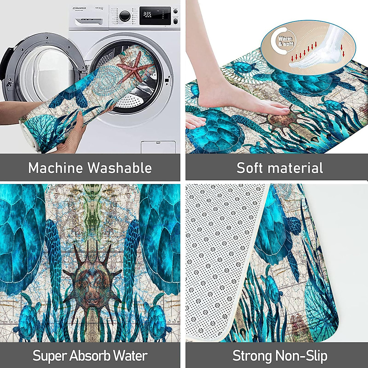 Coastal Runner Rug for Hallway 2x6 Sea Turtle Hallway Rugs Nautical Throw Rug Blue Turtles Beach Ocean Life Teal Marine Animal Area Rug Non-Slip Floor Carpet for Bedroom Entrance Door Mat Washable Rug