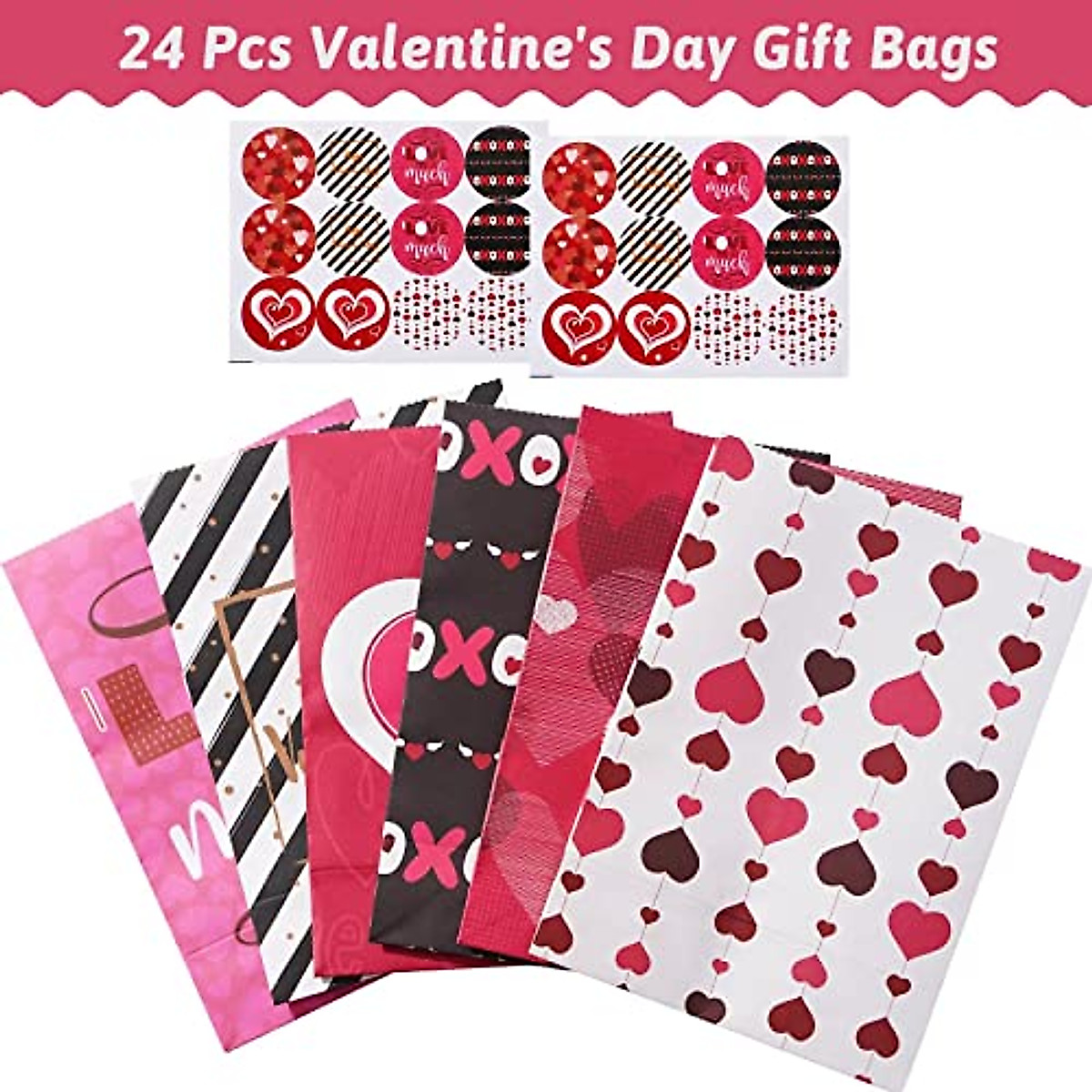 SCIONE 24 Pcs Valentines Day Gift Bags, Valentines Party Favors Bags with Stickers, Classroom Gift Exchange Giving Goody Bags Candy Treat Bags for Gift Wrapping