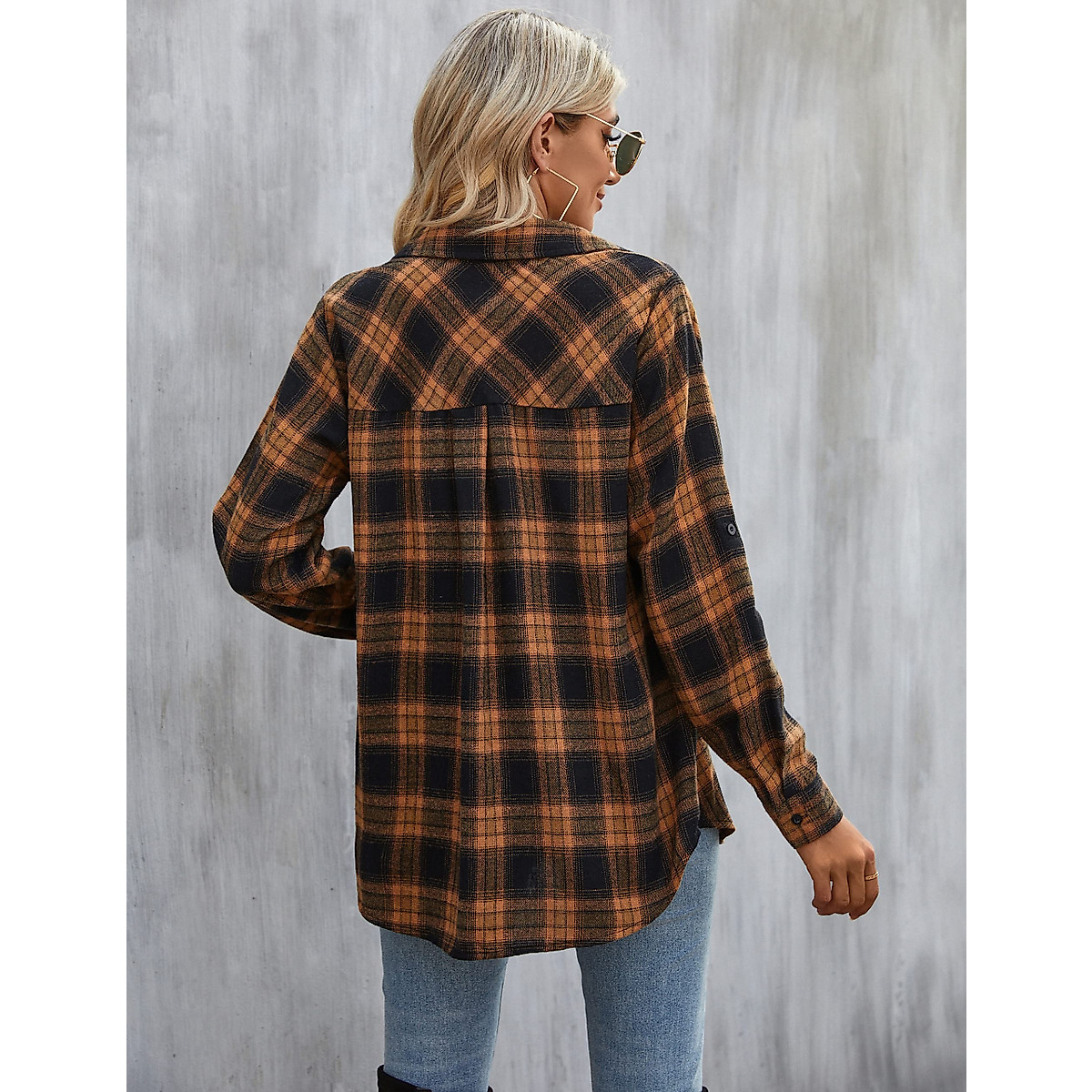 Blooming Jelly Women's Flannel Shirts Plaid Shacket Button Down Collared Business Casual Blouse 2023 Fall Roll Up Long Sleeve Tops (Yellow,Small)