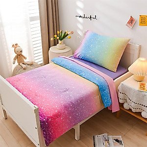 Holawakaka 4PCS Ombre Toddler Bedding Set, Colorful Gradient Stars Comforter Sheet Sets for Baby Girl Toddler Girls (Multi-Color)