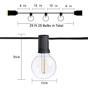 Romasaty 25FT LED Outdoor String Lights, G40 LED Globe Patio String Lights with 27 Shatterproof LED Clear Light Bulbs, Decorative Lighting for Garden Porch Backyard Gazebo Party Decor-Black Wire