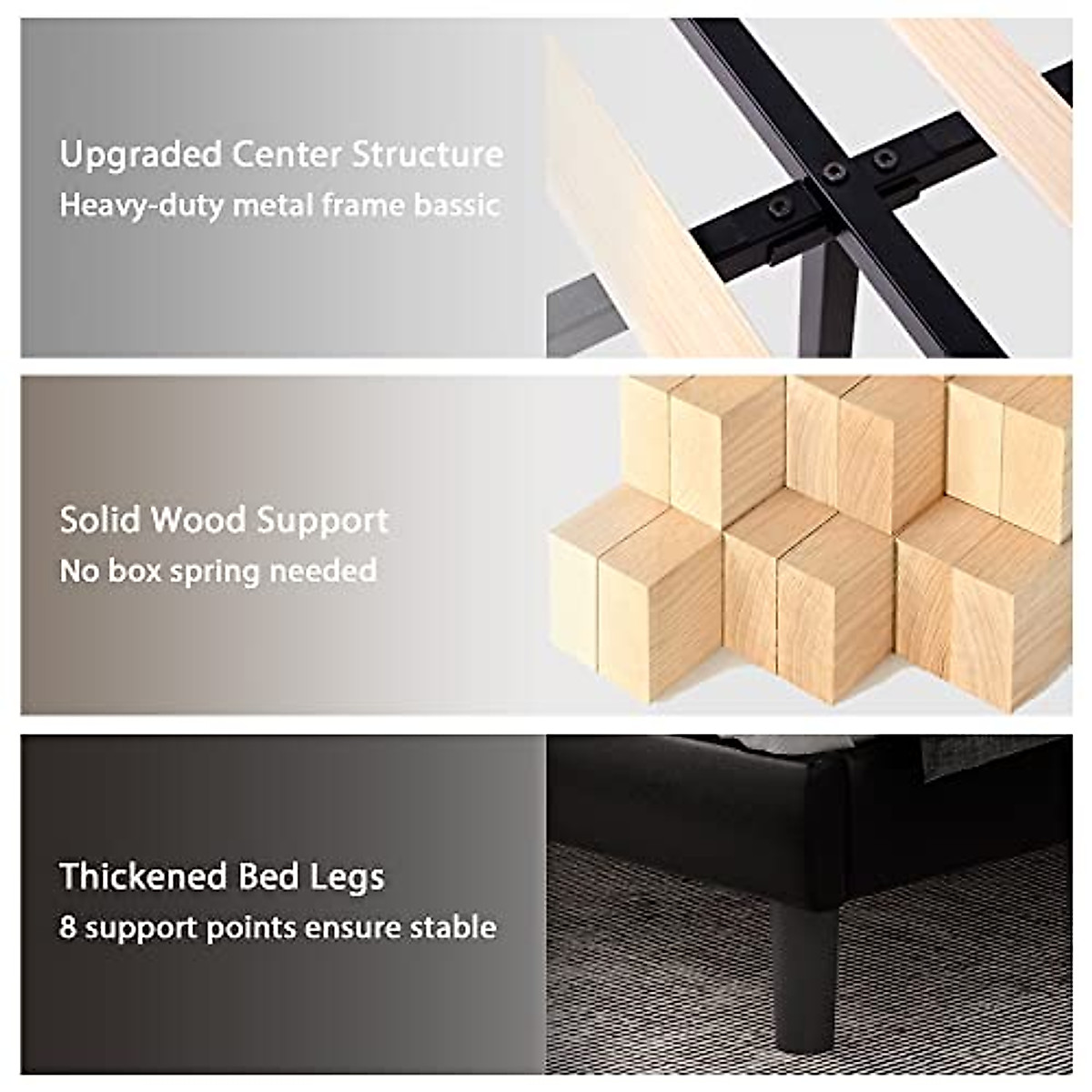 Feonase Queen Bed Frame with Square Stitched Headboard, Faux Leather Upholstered Platform Bed Frame, High-Density Sponge Filled, Solid Wood Slats, No Box Spring Needed, Noise-Free, Black