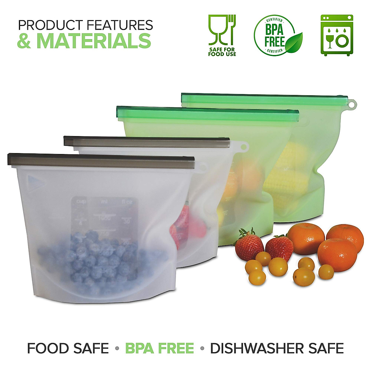 Reusable Ziploc Bags Silicone Food Storage Lunch Sandwich Snack Freezer Set 4 Leak Proof Exultimate