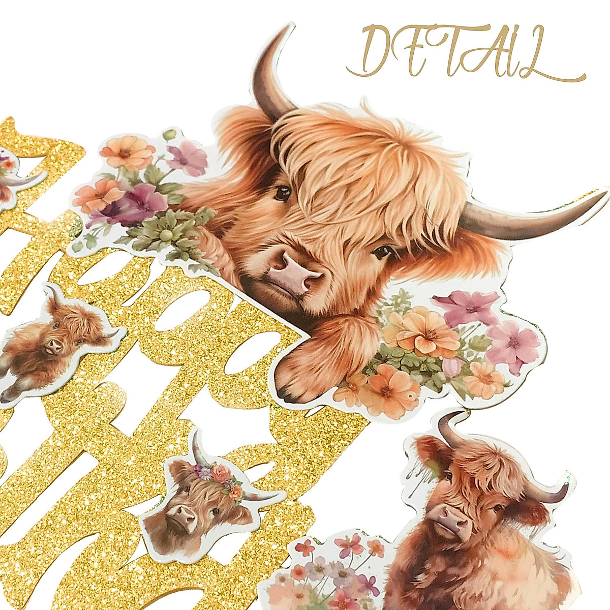 Highland Cow Birthday Cake Topper Gold Glitter Highland Cow Birthday Party Decorations Brown Cow Cake Topper Highland Cow Birthday Cake Decorations for Western Highland Cow Baby Shower Supplies