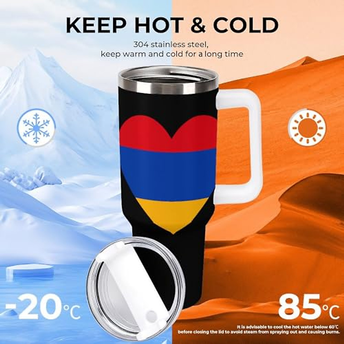 Armenian Flag Heart Tumbler with Handle Travel Mug Water Bottle Tea Coffee Cup White-style