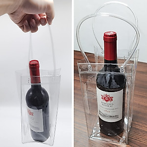 OBPSFY 10 Pieces Ice Wine Bag, Clear Portable Collapsible Wine Cooler Bags with Handle, PVC Wine Pouch Bags for Champagne Cold Beer White Wine Chilled Beverages