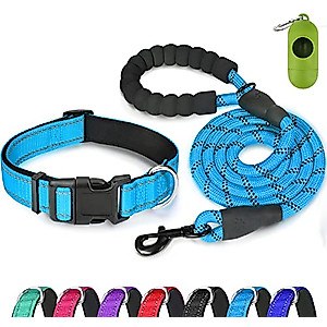 Dynmeow Reflective Dog Collar and Leash Set, Adjustable Pet Collar with Soft Neoprene Padded for Small Medium Large Dogs, Climbing Rope, Blue, S