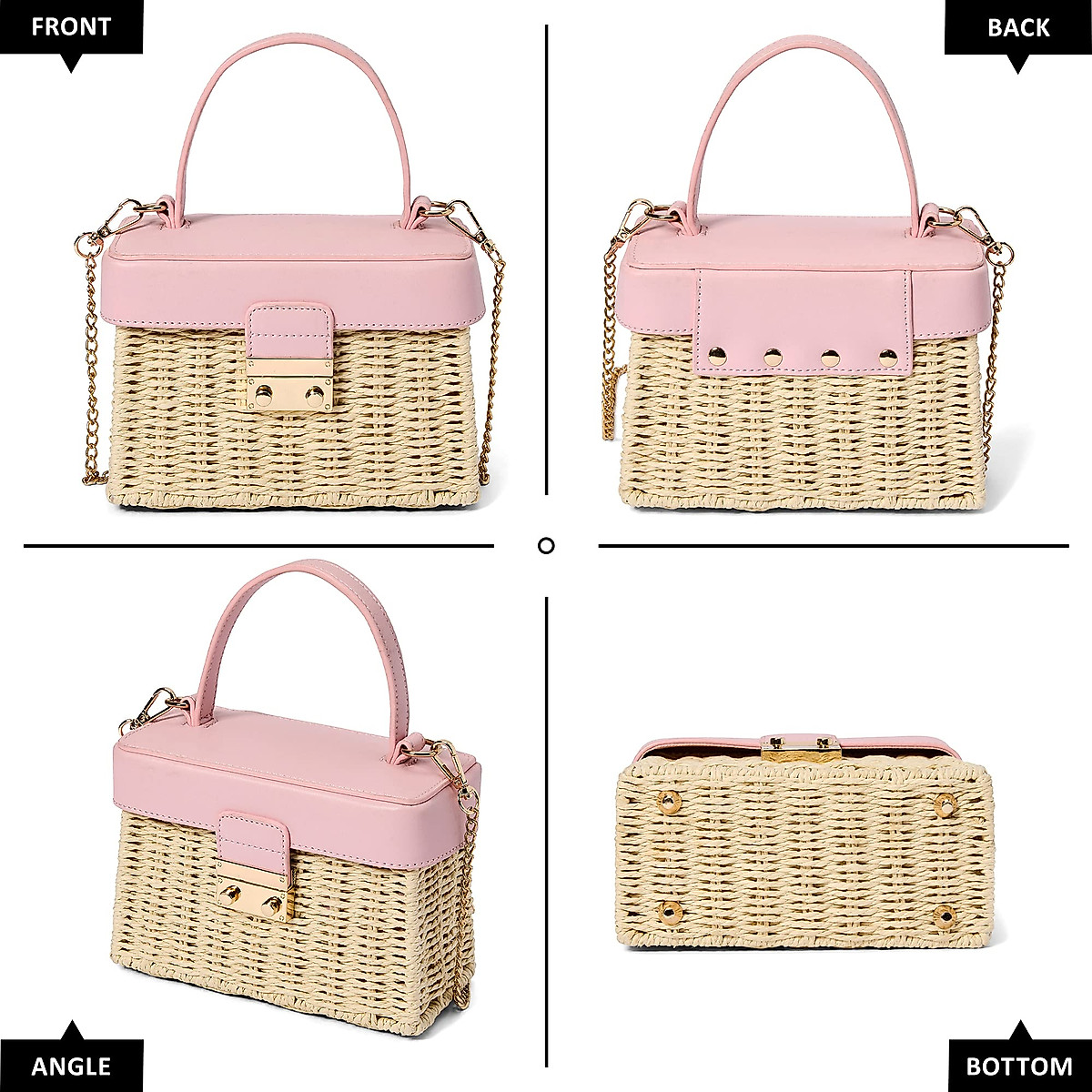 Like Dreams Small Summer Bag for Women Woven Straw Crossbody Vegan Leather Top Handle Plaid Inner Purse (Blush)