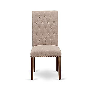 East West Furniture OXBR5-MAH-04 5Pc Dining Set Includes a Square Dinette Table and Four Parson Chairs with Light Fawn Fabric, Mahogany Finish, 5-piece