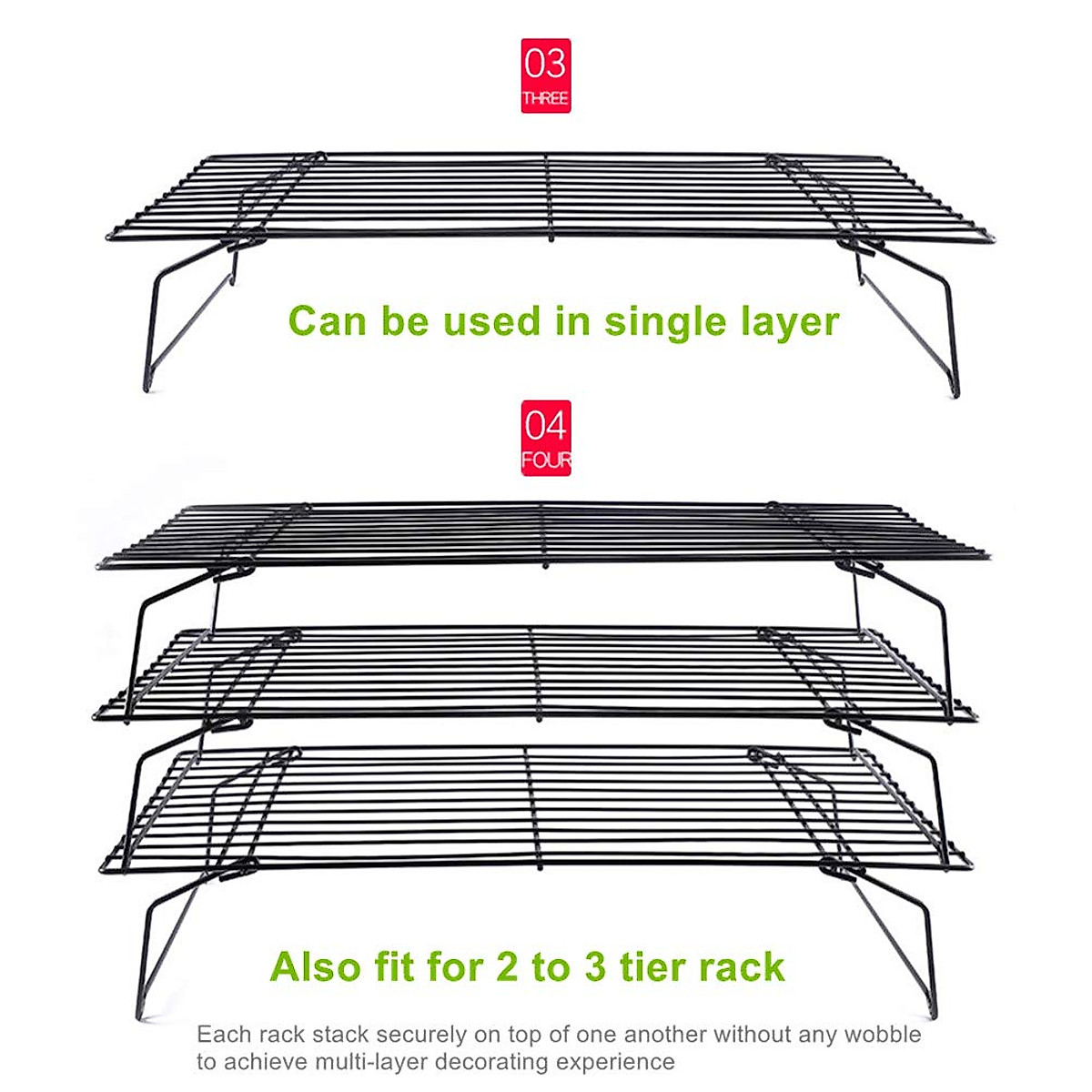 3 Tier Non Stick Cake Cooling Rack - Oven Safe, Heat Resistant, Space Saving Stackable Wire Tray with Collapsible Legs for Roasting, Cooking, Grilling, Drying, Plus Multi-use Basting Brush, 10x16 in
