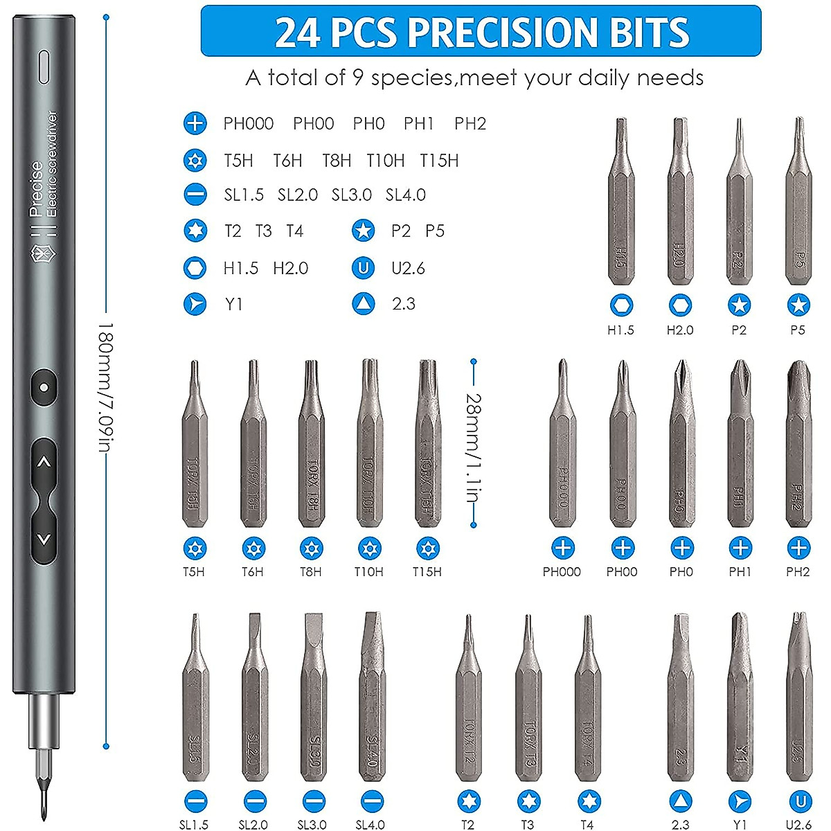 AMIR Electric Screwdriver 28-in-1 Cordless Mini Power Precision Screwdriver Set with 24 Bits, Rechargeable Repair Tool Kit for Phones Watch Laptops