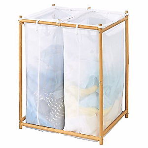 mDesign Laundry Hamper Organizer/Sorter with Metal Stand and 2 Removable Large Mesh Bags - Portable - Double Hamper Design - White/Natural