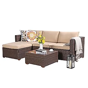 Patiorama 5 Piece Outdoor Patio Furniture Set, Outdoor Sectional Conversation Set, All-Weather Brown PE Wicker w/Beige Cushions, Outdoor Backyard Porch Garden Poolside Balcony Furniture Set
