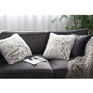 Uhomy 2 Packs Full Home Decorative Fluffy Plush Pillow Covers 18"x18", Luxury Fuzzy Artificial Fur Throw Pillow Case Double Side Fluffy Cushion Cover for Sofa Bed Couch Brown Khaki Ombre 45x45 cm