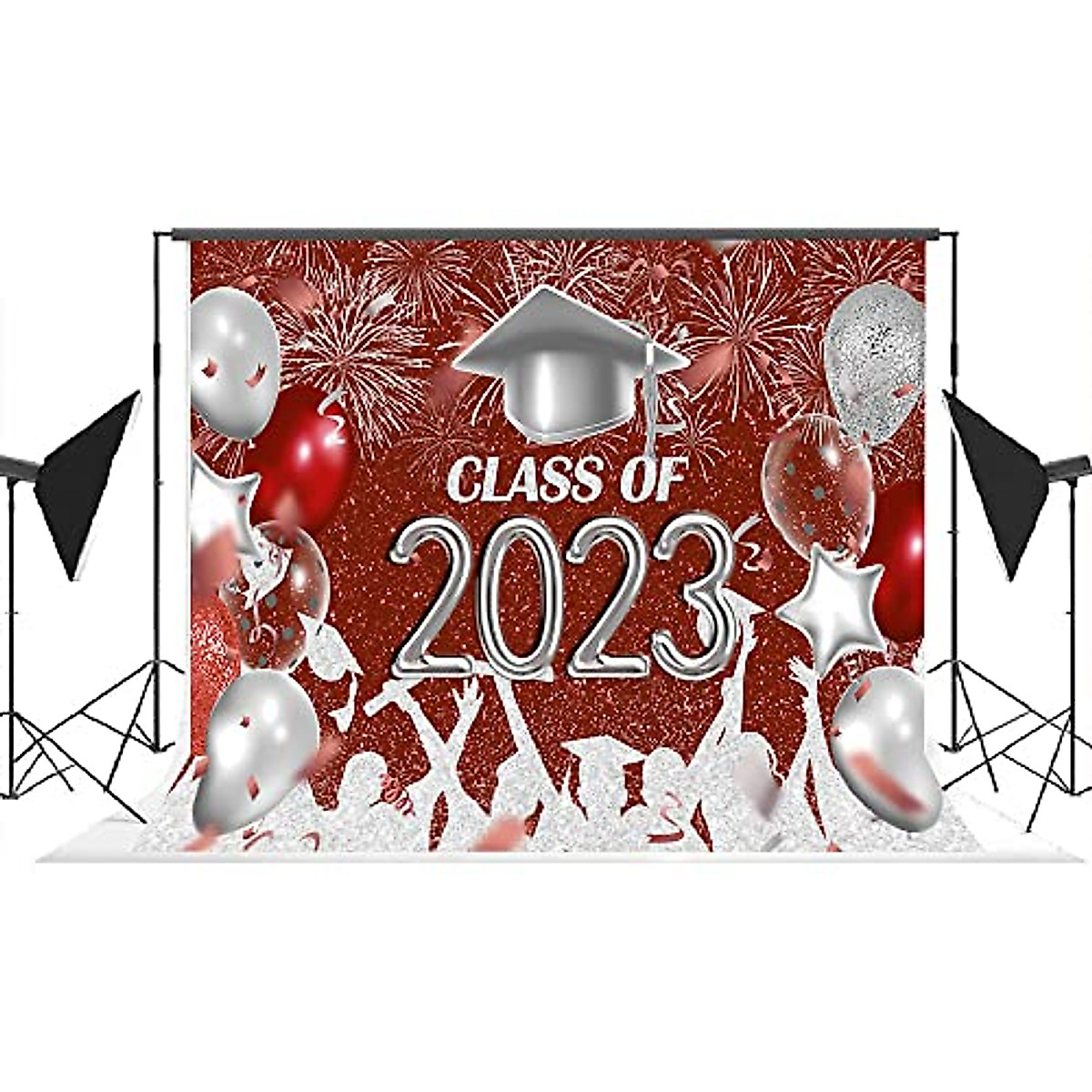 Lofaris Class of 2023 Party Backdrop Red and Silver Congrats Grad Graduation Caps Photography Background Celebration Graduation Prom Party Decor Supplies Photo Booth Banner 7x5ft