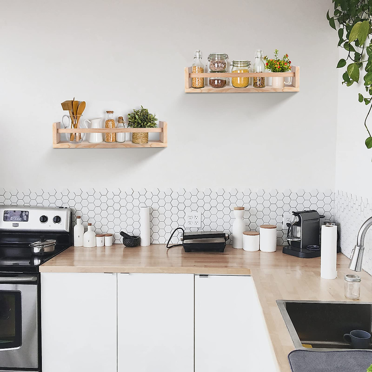 Dixryaus Wooden Floating Bookshelf, Wall Shelving, 2 PCS (Pine), Suitable for Children's Bedroom Bookshelf, Kitchen Spice Rack, Bathroom Decorative Wall Shelving.