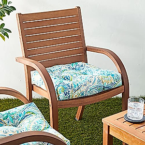 Pillow Perfect Paisley Outdoor Wicker Patio Seat Cushion Reversible, Weather, and Fade Resistant, Round Corner - 19" x 19", Blue/Yellow Gilford, 2 Count