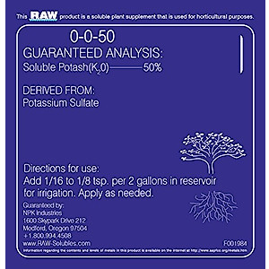 RAW- Potassium Health Element for Plant Growth Increase Fruiting and Flower Production Plant Feeding Supplement for Horticultural use Indoor Outdoor 2 oz