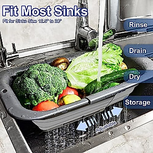 ROTTOGOON Collapsible Colander Strainer, Expandable Over the Sink Colander for Kitchen, Adjustable Silicone Sink Strainer, Foldable Large Colander Basket to Wash Vegetable, Fruit, 15" to 19.8", Gray