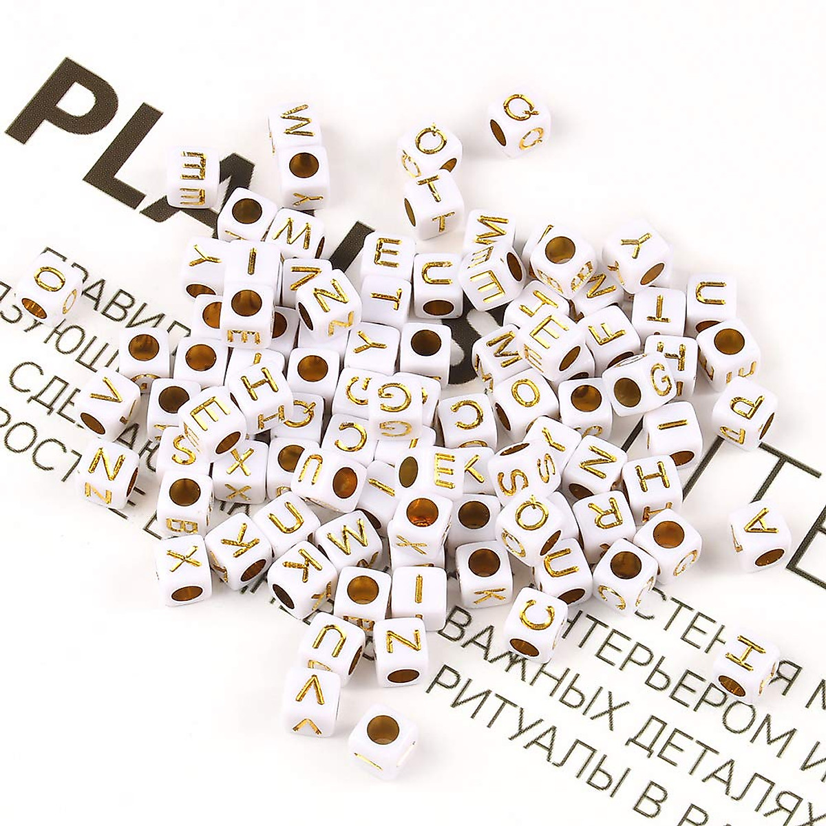 Acrylic Letter Beads Alphabet Gold Letters White Cube Bead, 6×6mm 1200pcs, for Friendship Bracelets and Gifts Souvenir Jewelry Making