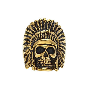 Moca Jewelry Cool Feather Dayak Indian Headdress Punk Skull 18K Gold Plated Hip Hop Stainless Steel Ring for Men Women
