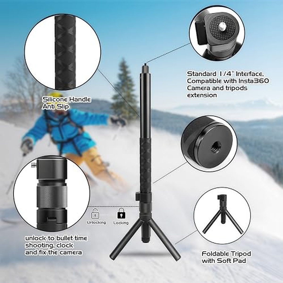 O'woda Invisible Selfie Stick for Insta360 X4, Extendable Portable Monopod Bullet Time Rotatable Handle Kit with Mini Camera Tripod for Insta360 X4, X3, ONE X2, ONE X, ONE RS