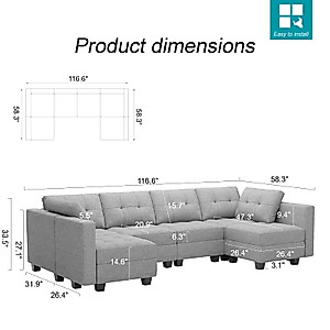 Belffin Modular U Shaped Sectional Sofa Couch with Reversible Chaises 6-seat Sectional Couch with Storage Seat Modular Sectional Set with Ottomans Light Grey