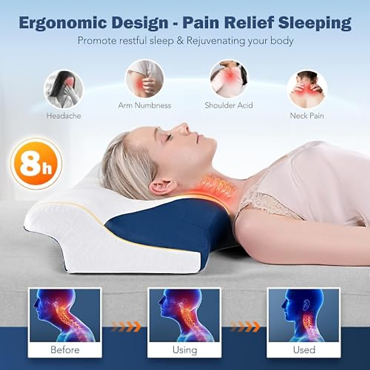 Neck Pillow Memory Foam Pillows - Cervical Neck Support Pillow for Pain Relief Contour Ergonomic Sleeping Pillow Orthopedic Bed Pillows for Side Back Stomach Sleepers, Washable Cover, Ideal Gift